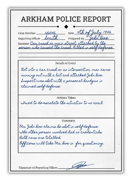 Arkham Police Report - Made with Handout Generator